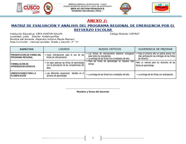 Alejandro - 2. Anexo 2 - Matriz de Evaluación - Refuerzo Escolar | PDF