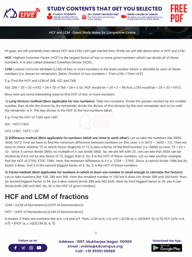 Quantitative Aptitude HCF and LCM Quant Study Notes For Competitive ...