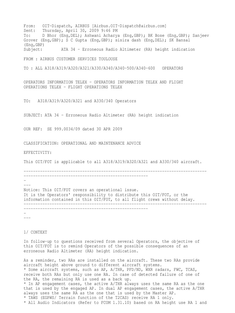 ATA 34 - Erroneous Radio Altimeter (RA) Height Indication | PDF ...