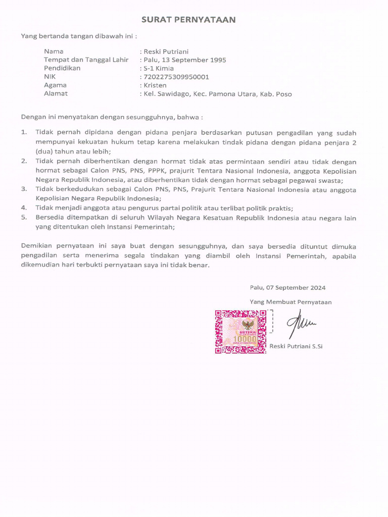 Reski Putriani - Surat Pernyataan | PDF