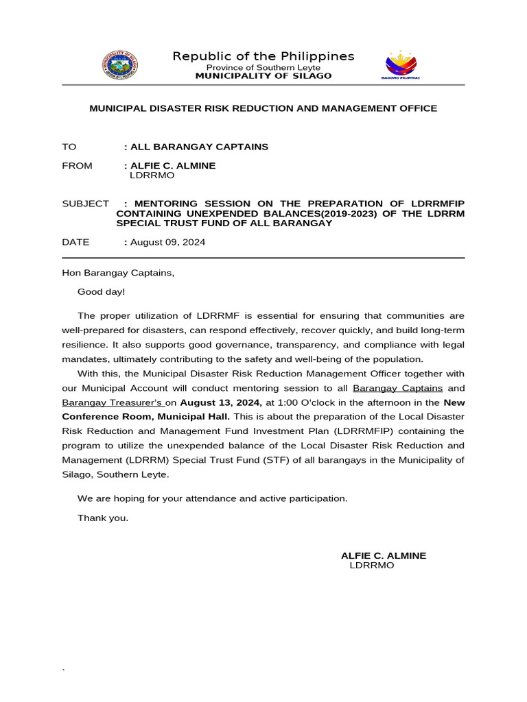 Letter To All Barangay Mentoring Sessions For BDRRMFIP | PDF