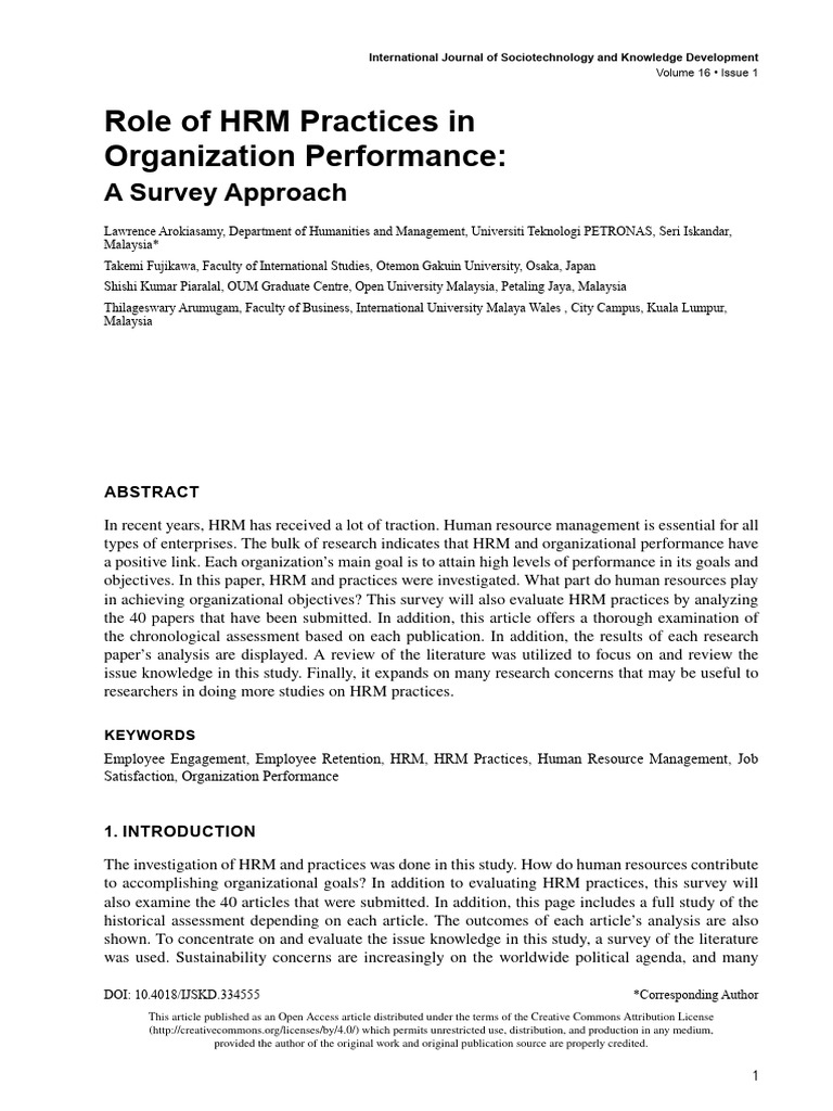 Role of HRM Practices in Organization Performance | PDF
