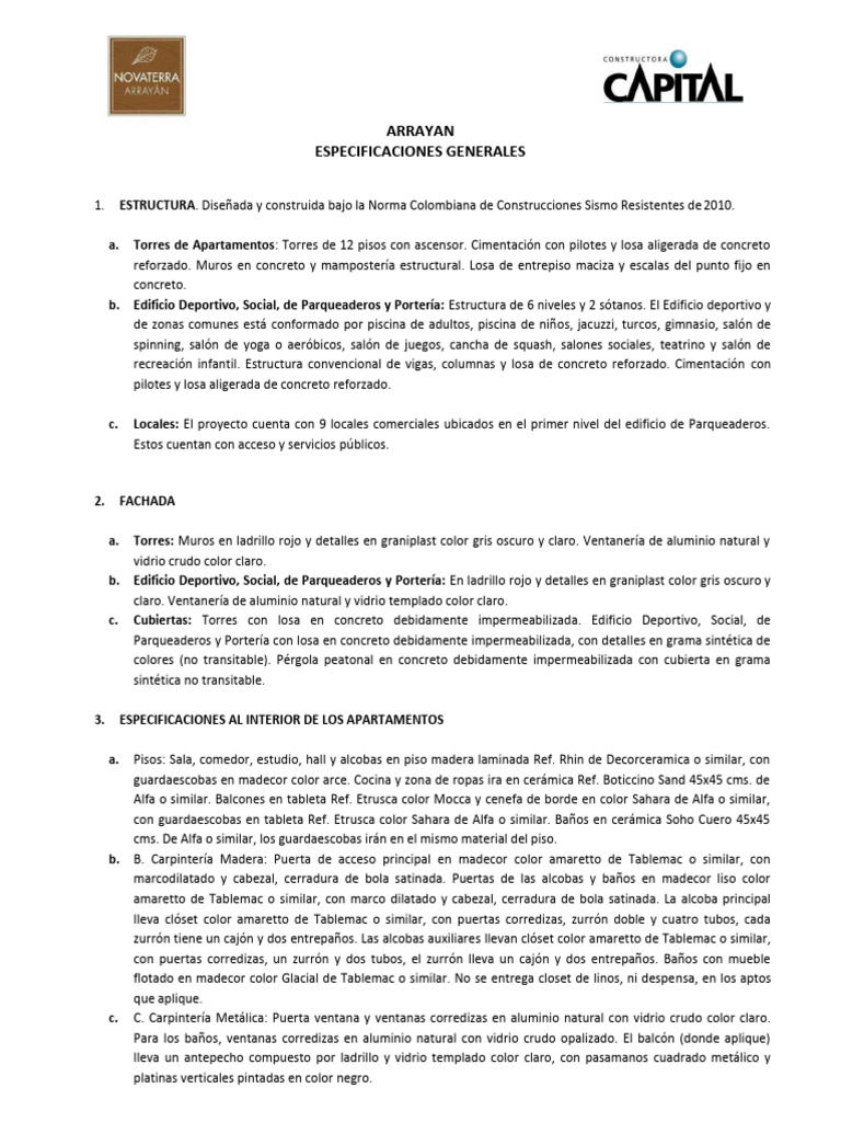Especificaciones Arrayan Novaterra Constructora Capital | PDF