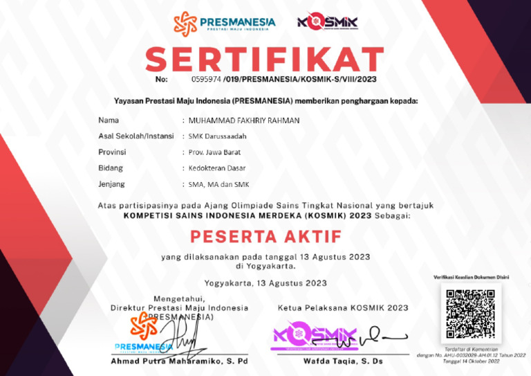 Cert - Kedokteran Dasar - KOSMIK 2023 | PDF