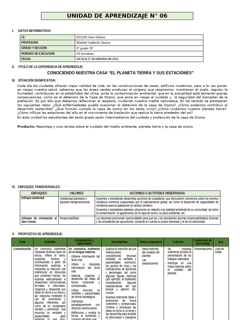 6° Grado - Unidad de Aprendizaje N°06 Setiembre | PDF
