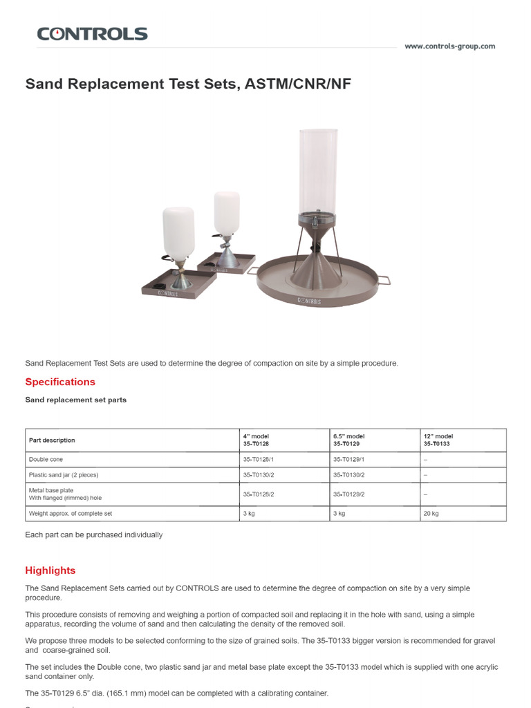 Sand Replacement Test Tets Astm CNR NF Controls | PDF