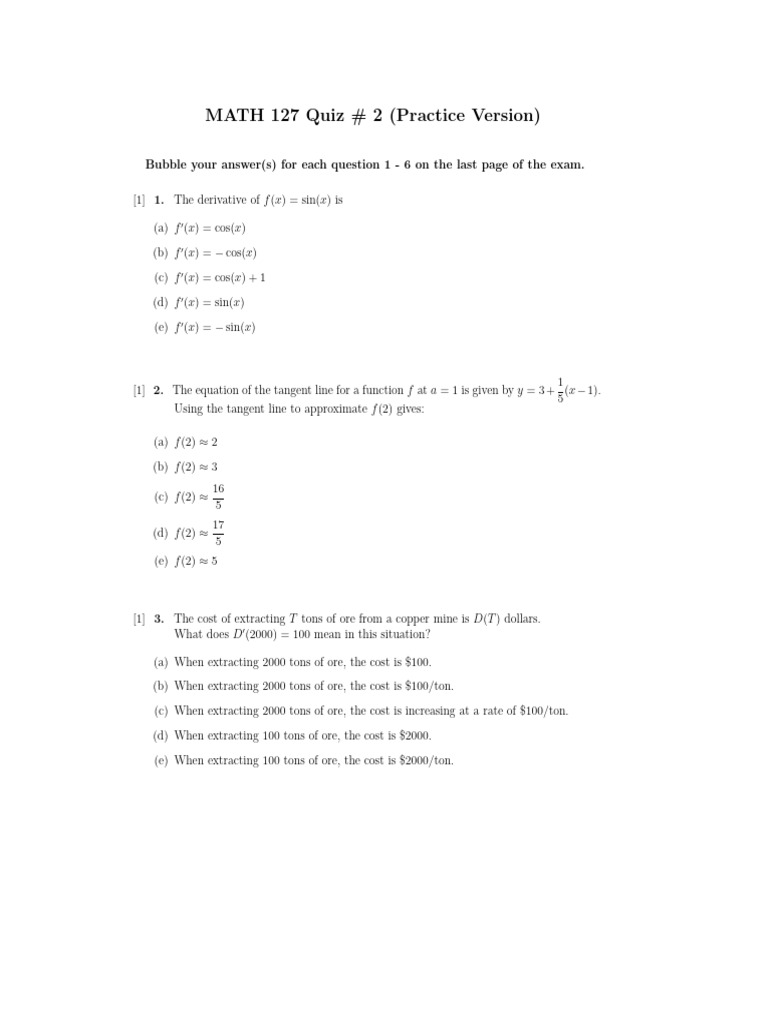 MATH 127 Practice Quiz 2024 | PDF