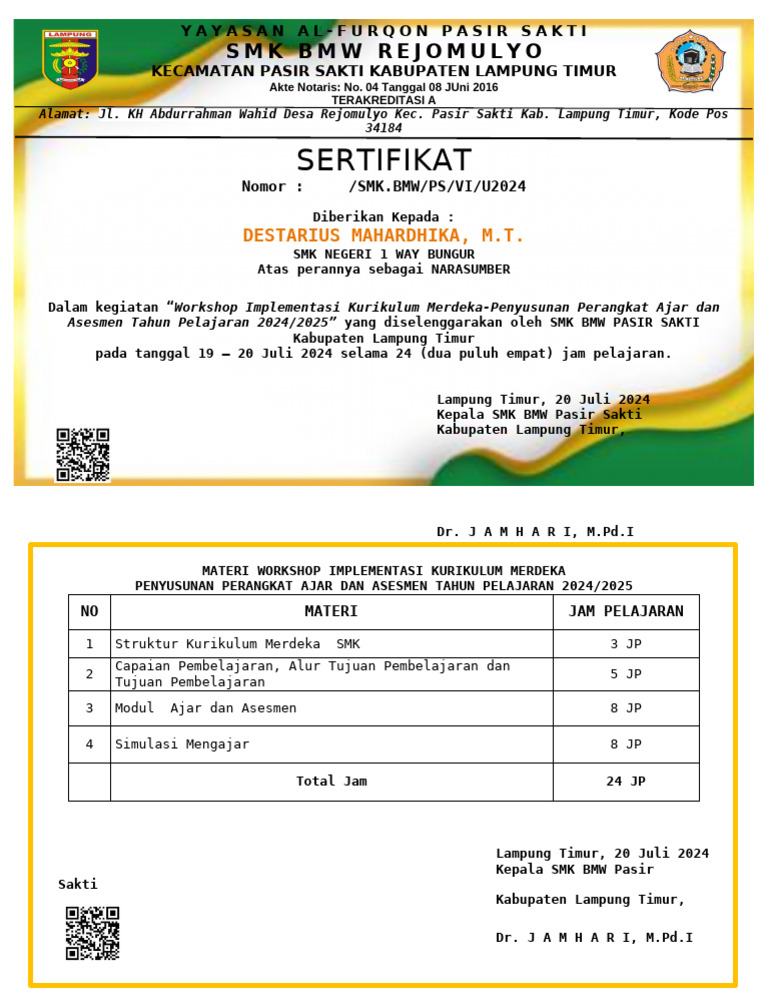 Sertifikat NARSUM SMK BMW | PDF