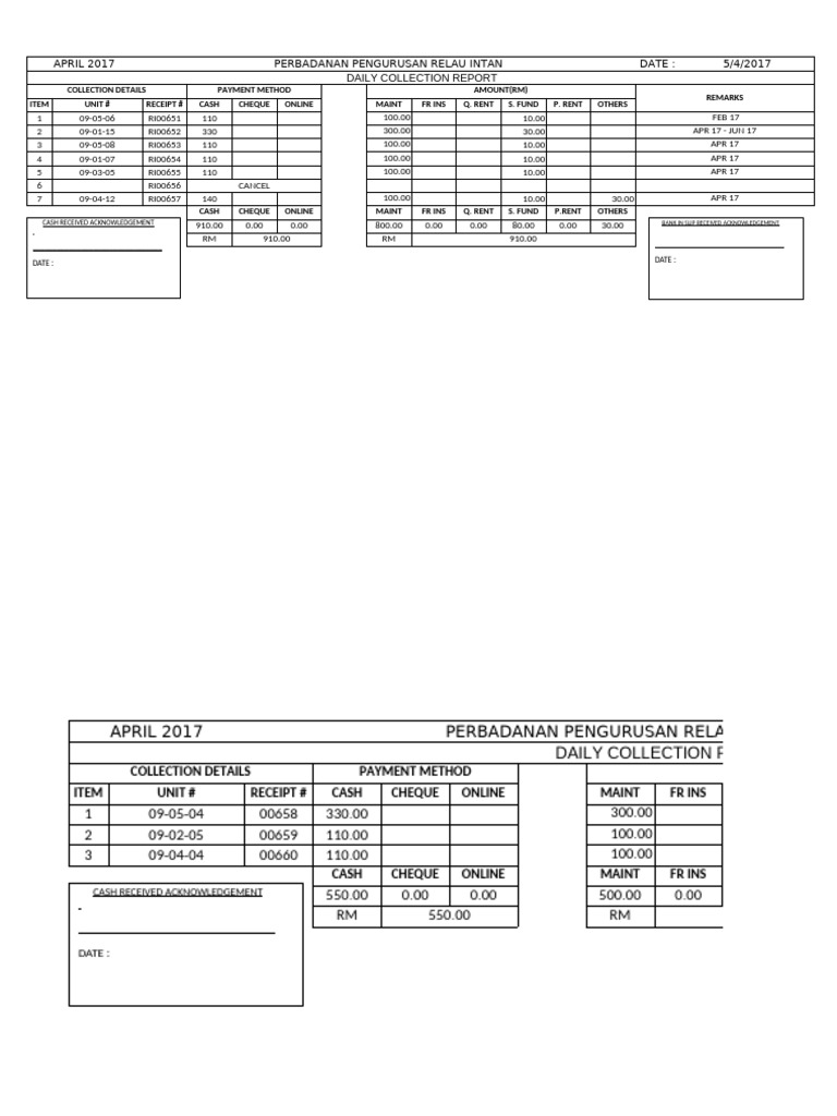 Relau Intan Daily Collection Form | PDF