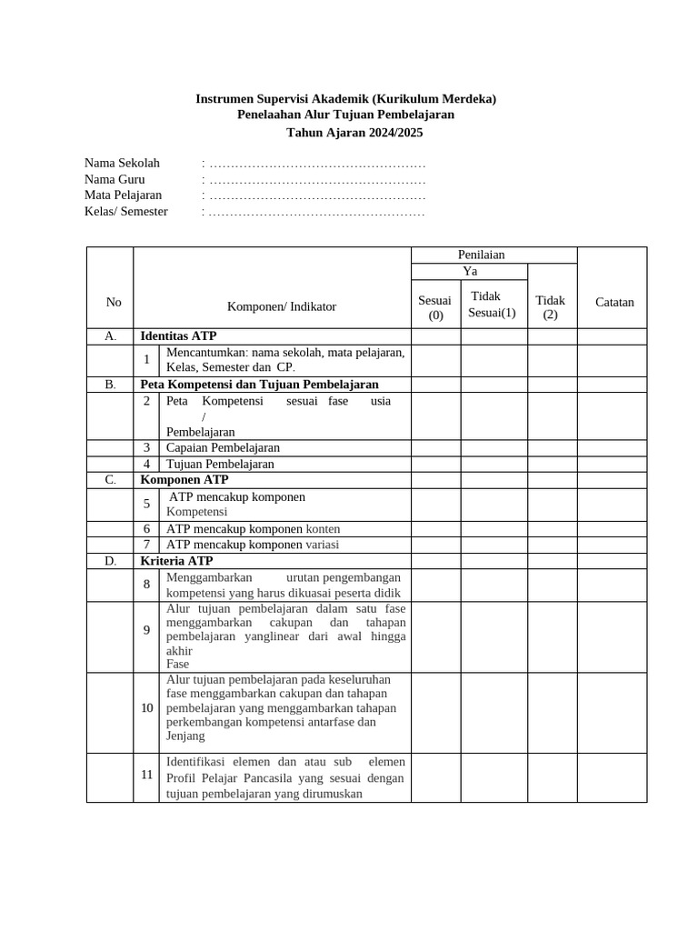 Instrumen Supervisi Akademik Fix | PDF