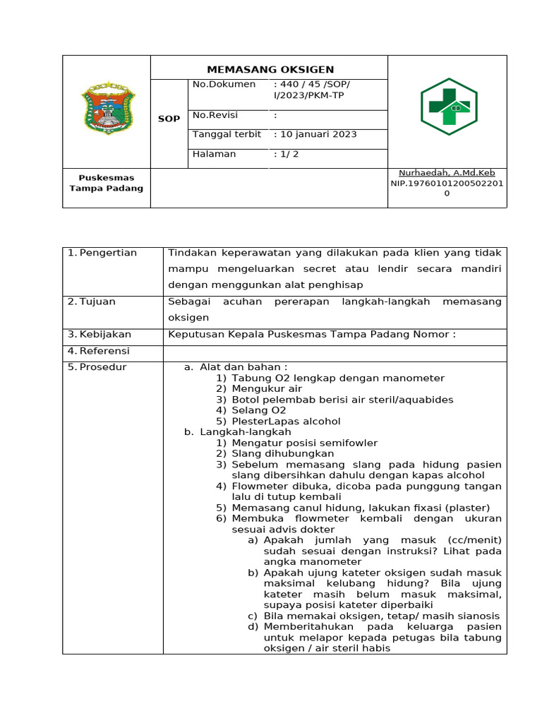 Sop Memasang Oksigen S | PDF