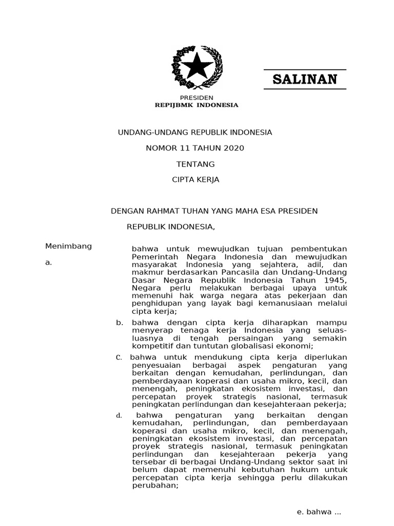 Salinan UU Nomor 11 Tahun 2020 Tentang Cipta Kerja | PDF