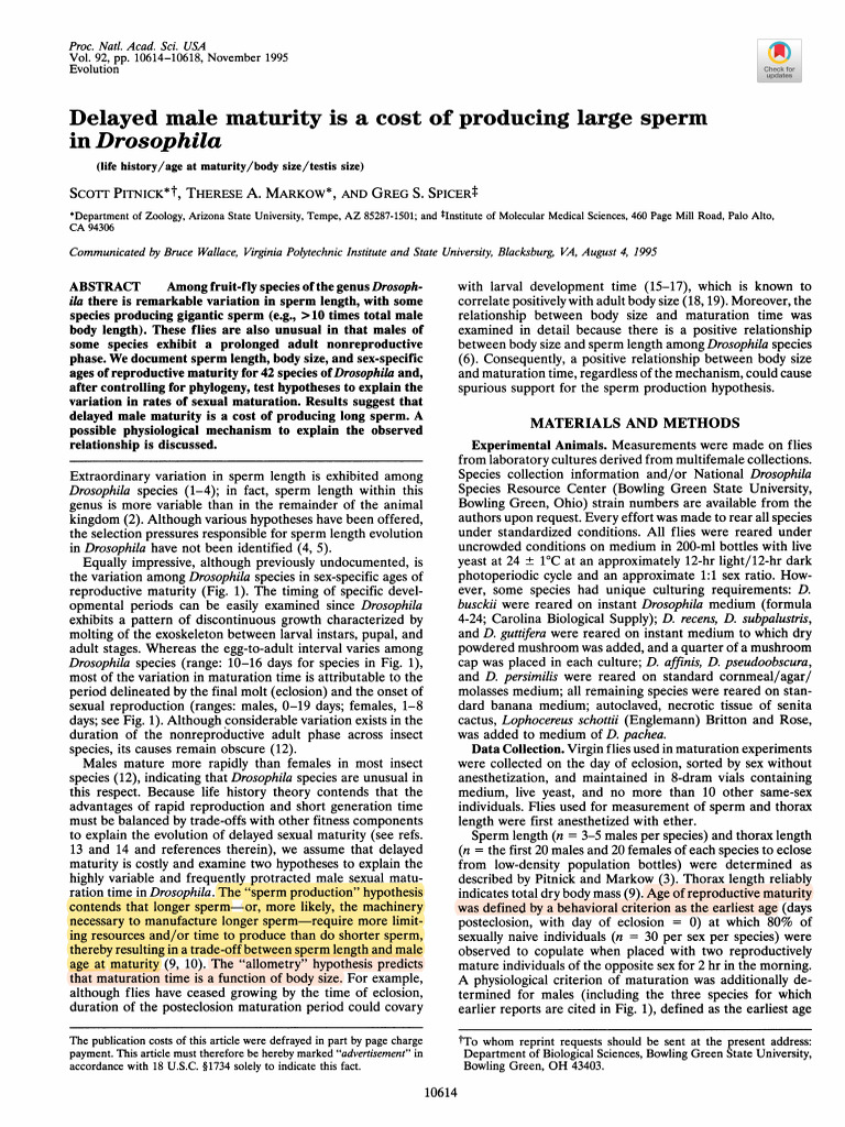 Pitnick Et Al 1995 Delayed Male Maturity Is A Cost of Producing Large ...
