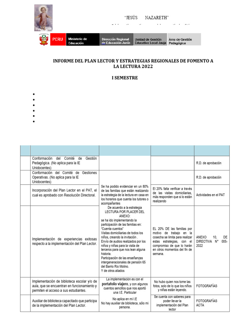 INFORME PLAN LECTOR de IE A UGEL 2022 | PDF