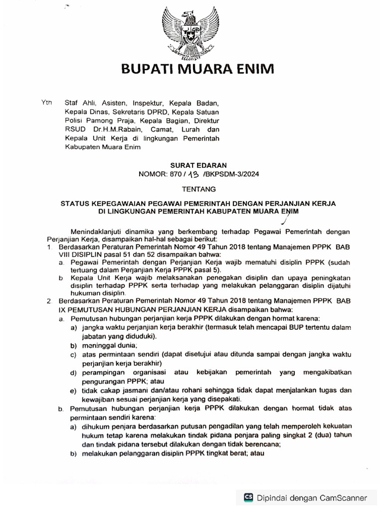 Surat Edaran Tentang Status Kepegawaian Pemerintah Dengan Perjanjian ...