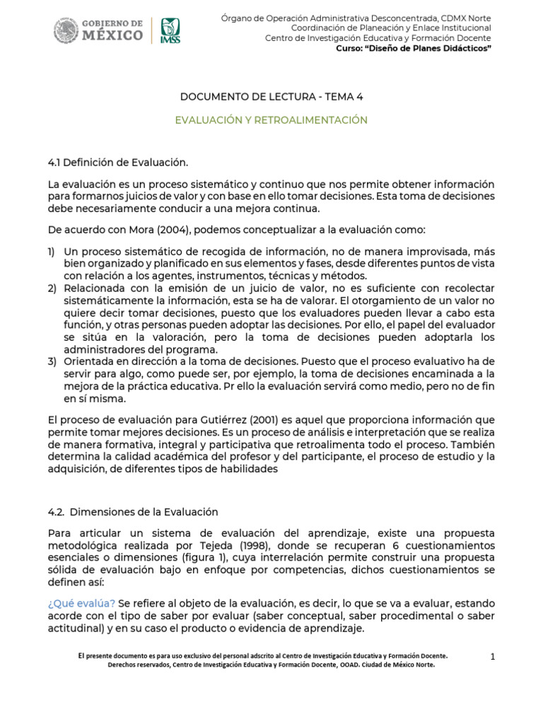 Documento de Lectura Tema 4_Evaluación y Retroalimentacion | PDF