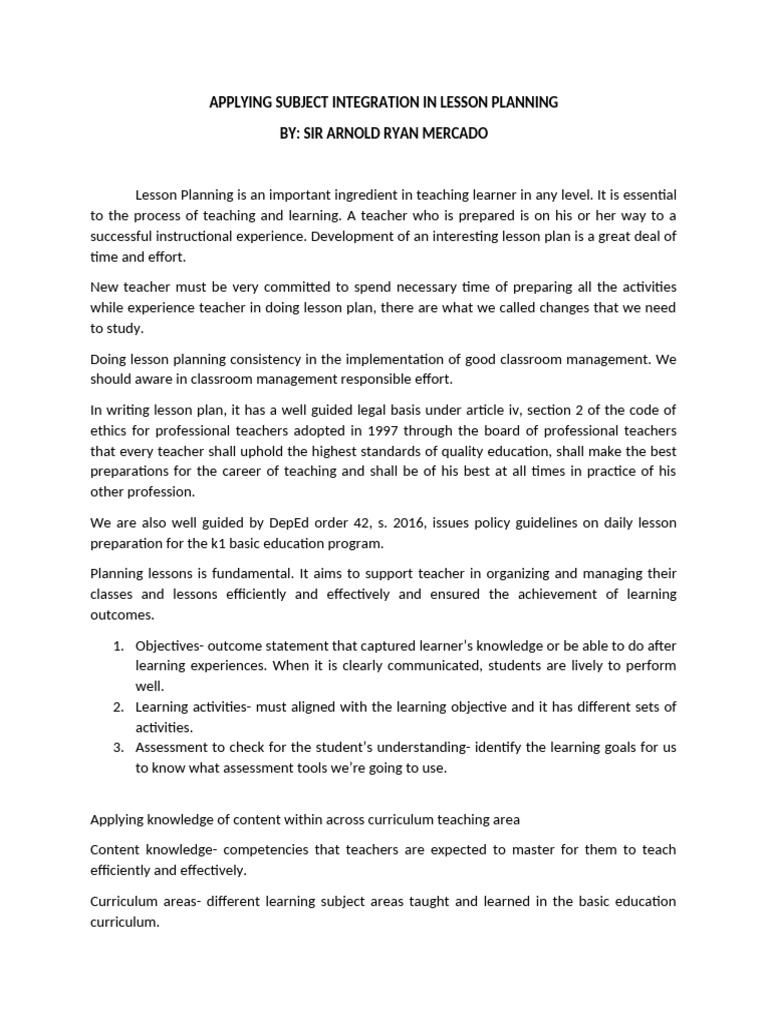 APPLYING SUBJECT INTEGRATION IN LESSON PLANNING - Docx 1 | PDF