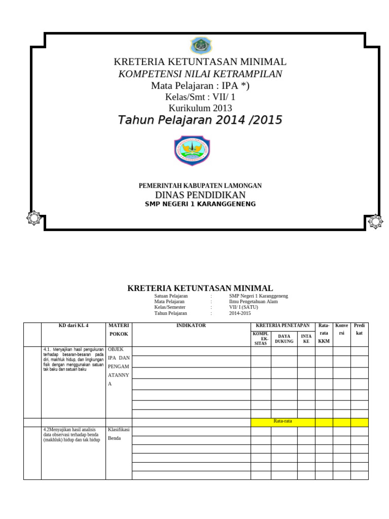 KKM Ketrampilan Kls 7 K 13 Oke | PDF