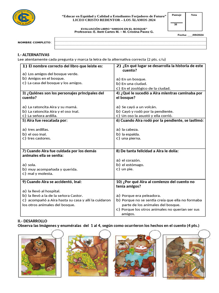 Evaluación Libro Plan Lector Amigos en El Bosque2. | PDF