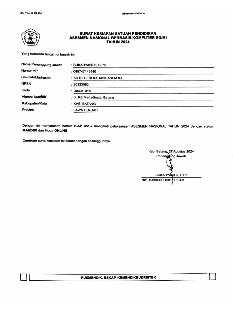 Surat Kesiapan ANBk | PDF