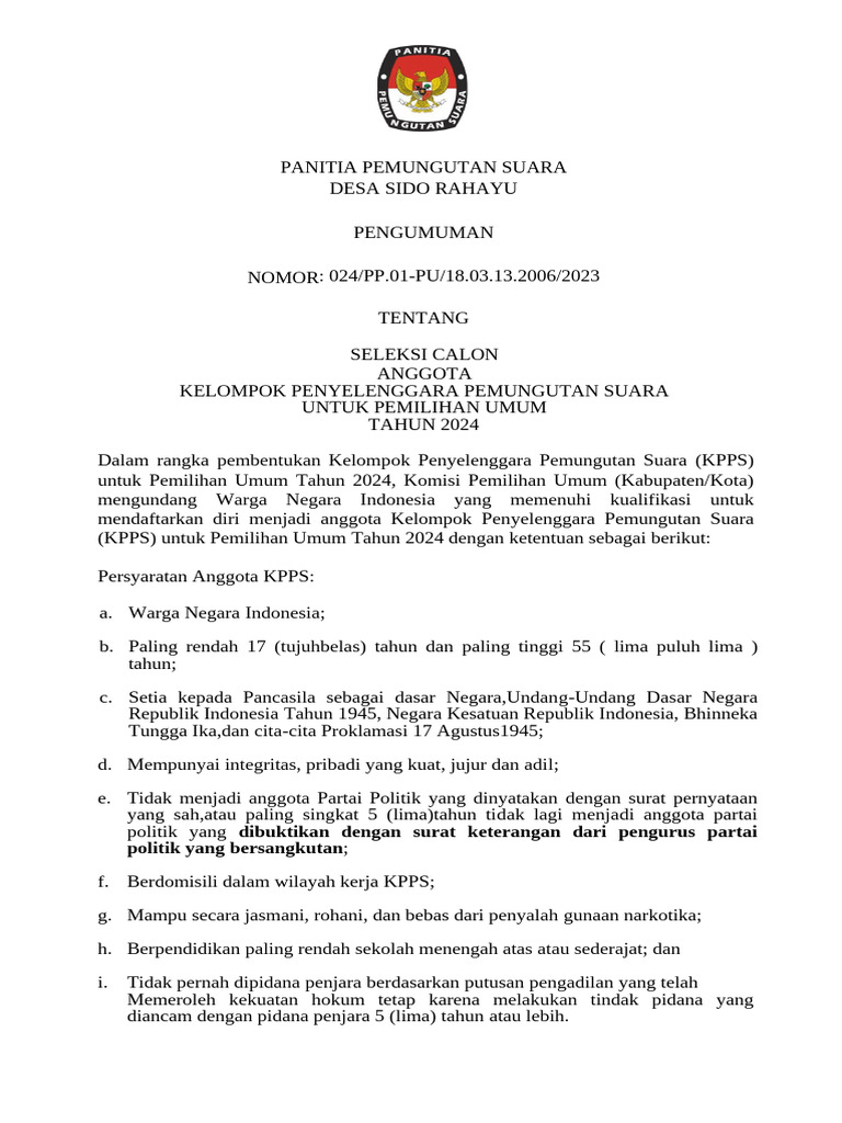 Format Pengumuman Seleksi KPPS | PDF