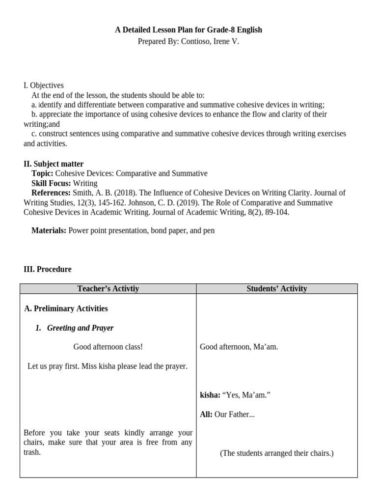 Grade 8 Lesson Plan: Cohesive Devices | PDF | Teachers | Essays
