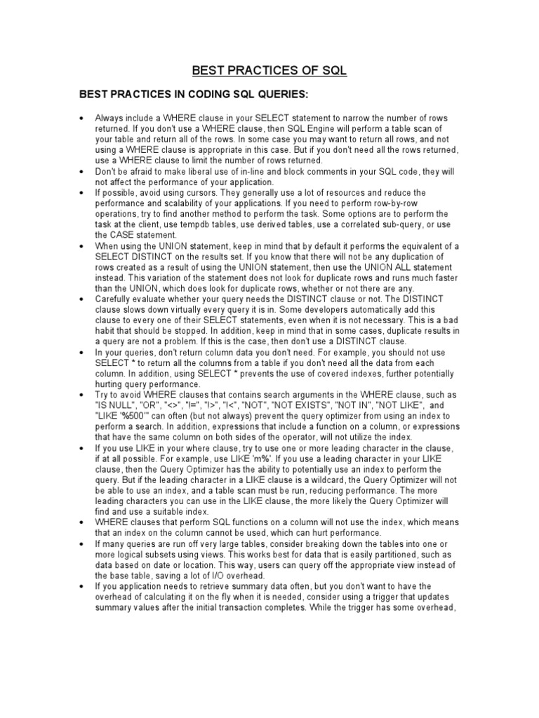 Best Practices of SQL | PDF | Database Index | Microsoft Sql Server