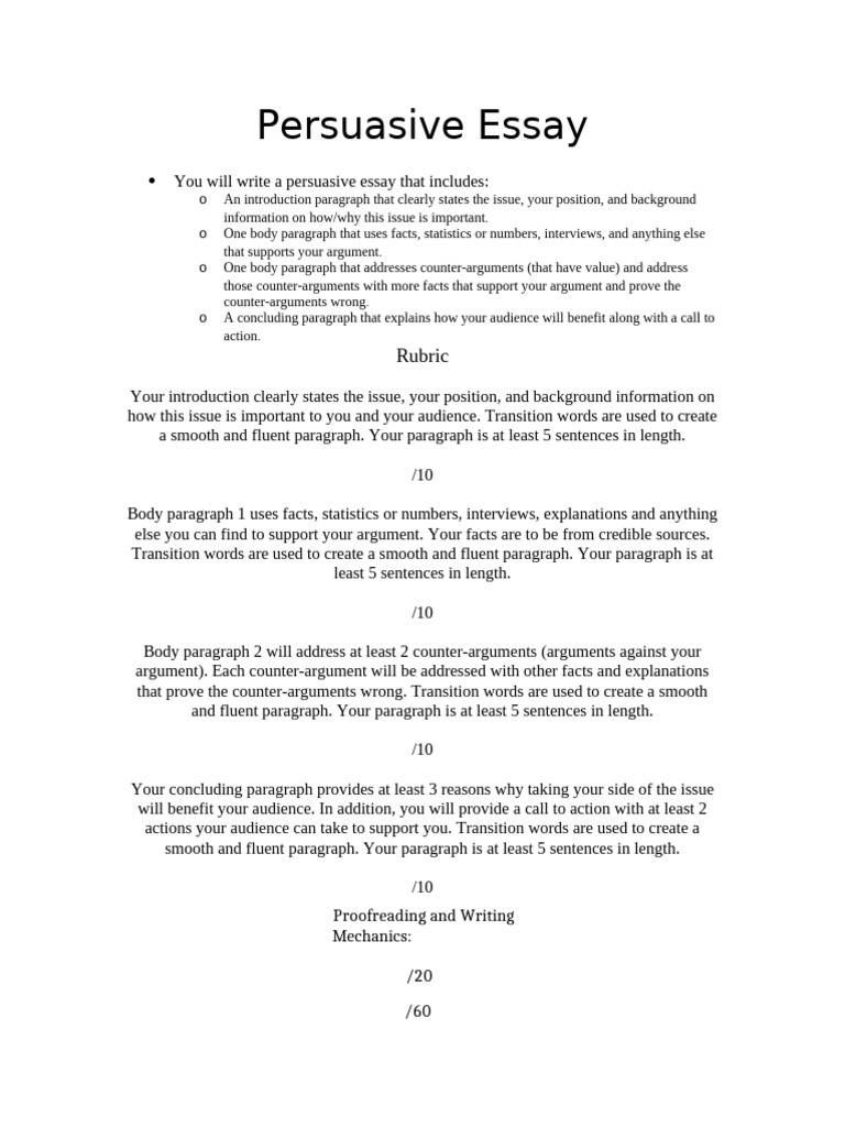 Persuasive Essay Rubric | PDF