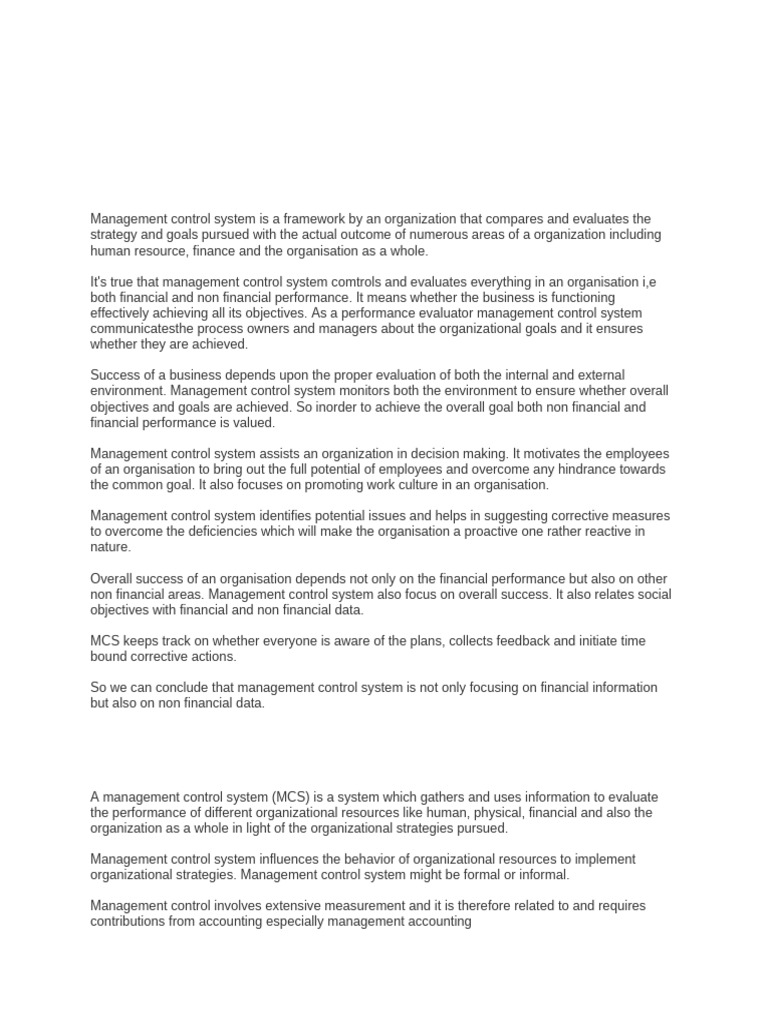 Management control system is a framework by an organization that ...