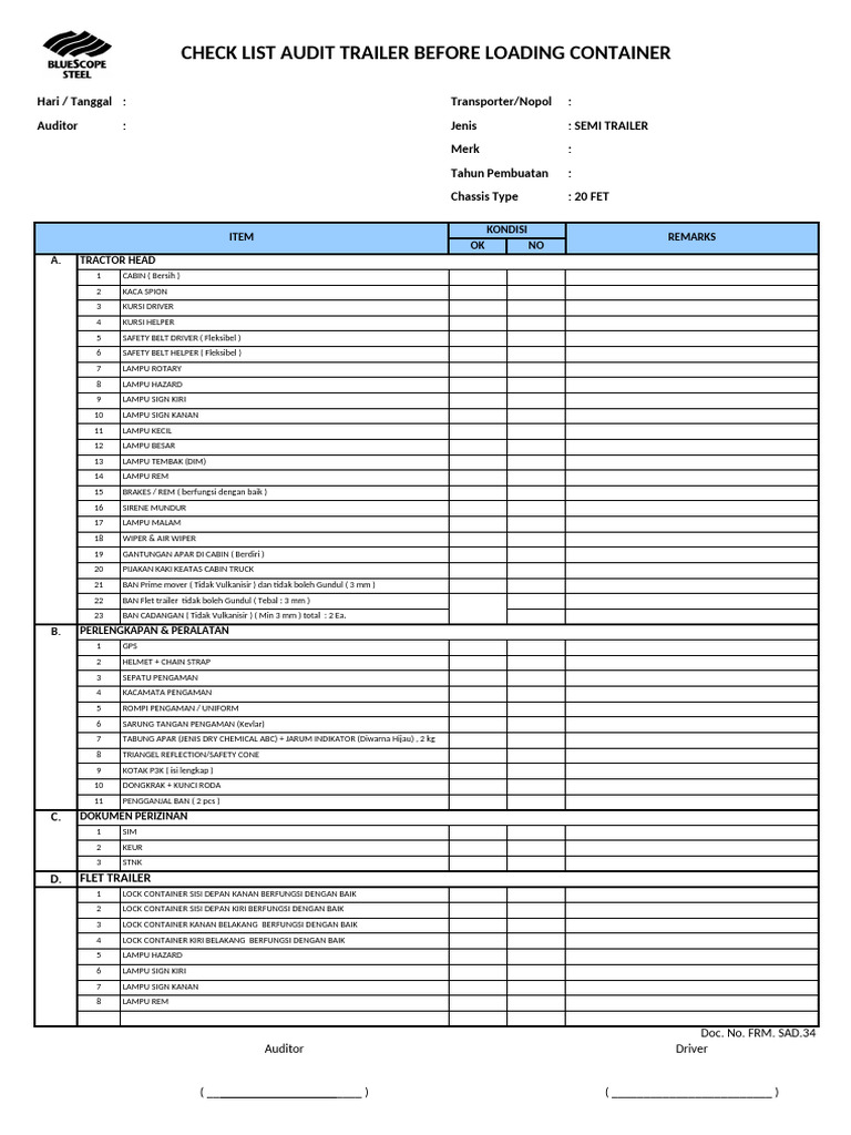 34-00 Check List Trailer Before & After Loading Container - NSBI | PDF
