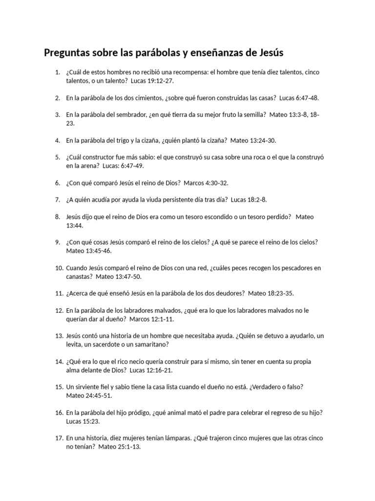Preguntas Sobre Las Parábolas y Enseñanzas de Jesús | PDF