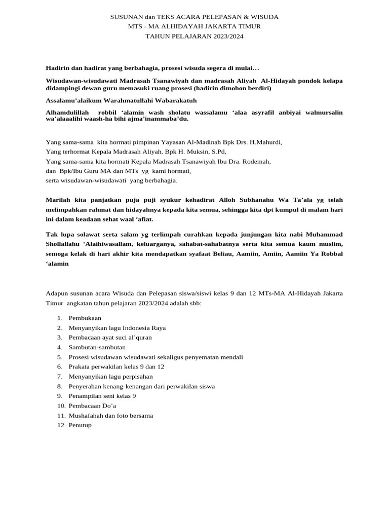 SUSUNAN DAN TEKS ACARA WISUDA MTS-MA AL-HIDAYAH THN 2024 | PDF
