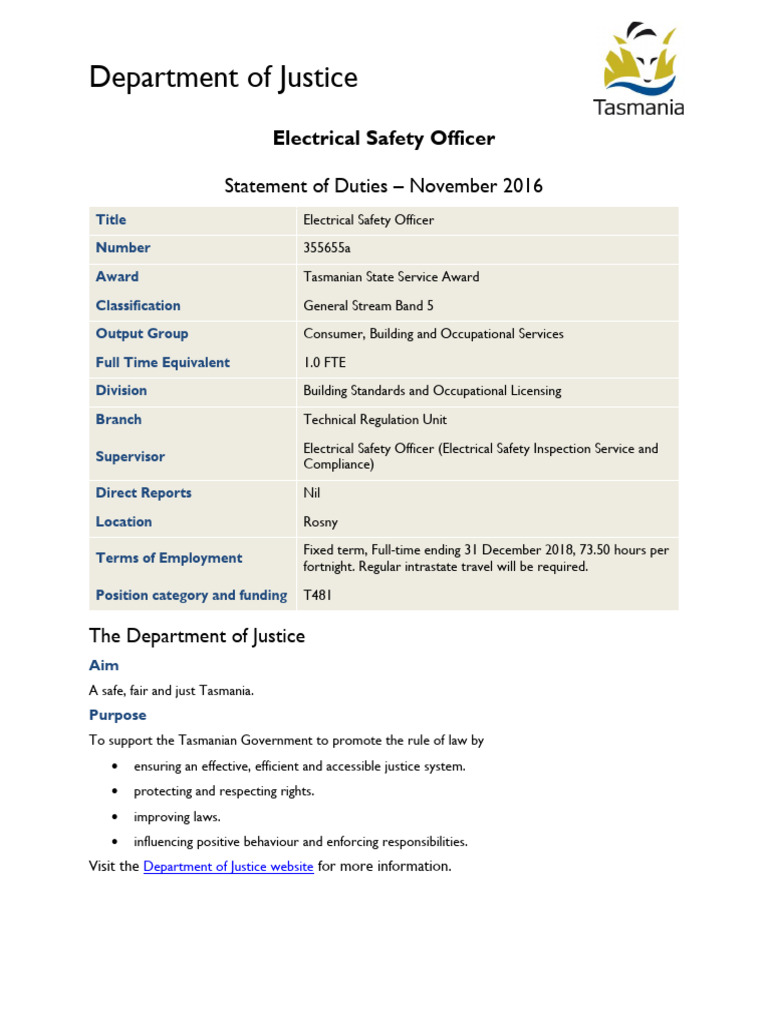 Statement of Duties (355655a) Electrical Safety Officer | PDF