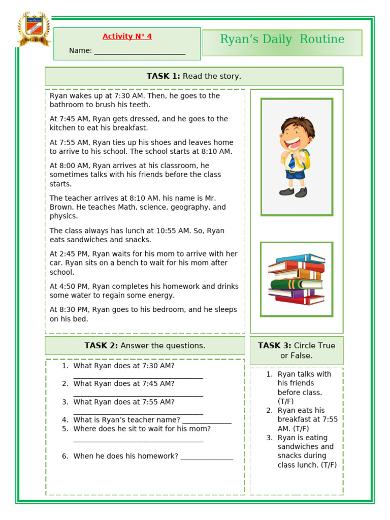 Reading Comprehension Ryans Daily Routine Fun Activities Games Reading ...