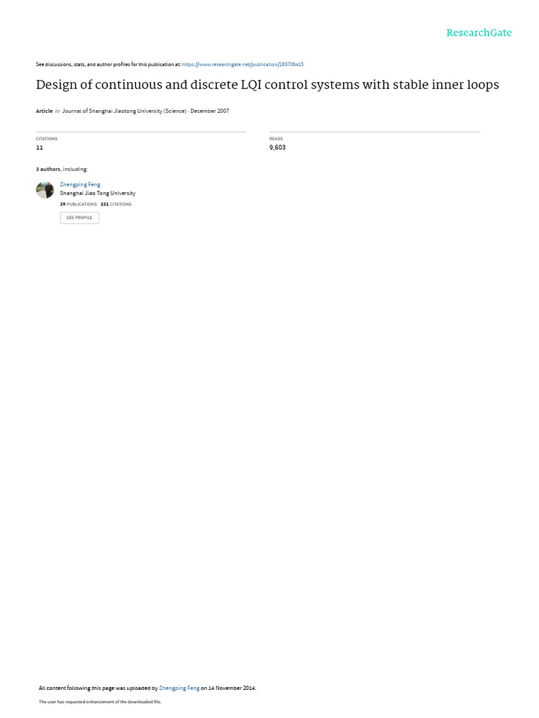 Designof LQIControl Systemswith Stable Inner Loops | PDF