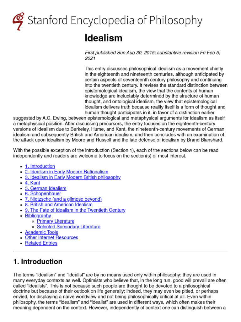 Stanford Encyclopedia of Philosophy: Idealism | PDF