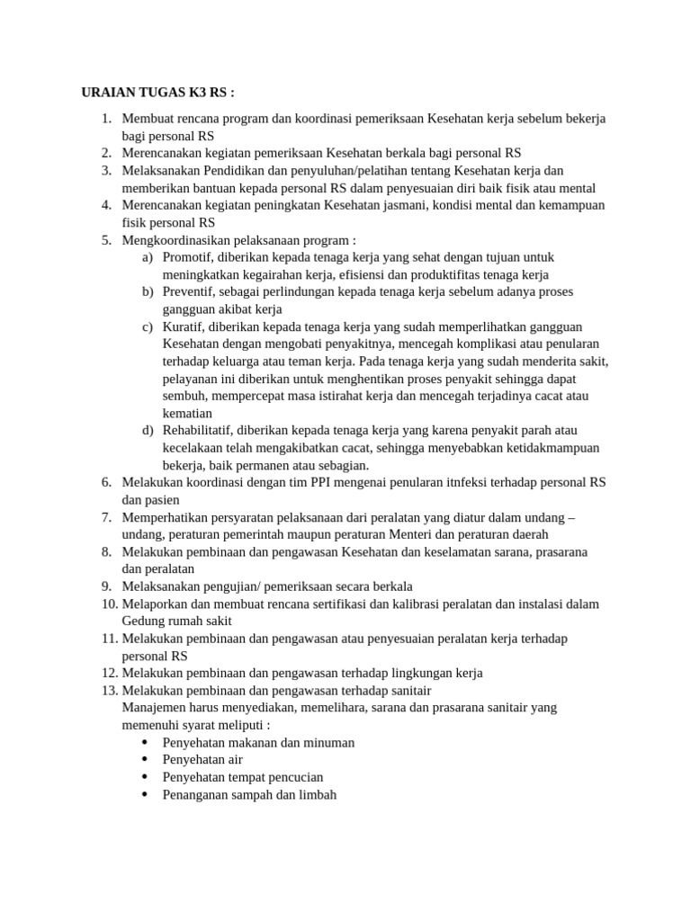URAIAN TUGAS K3 RS | PDF