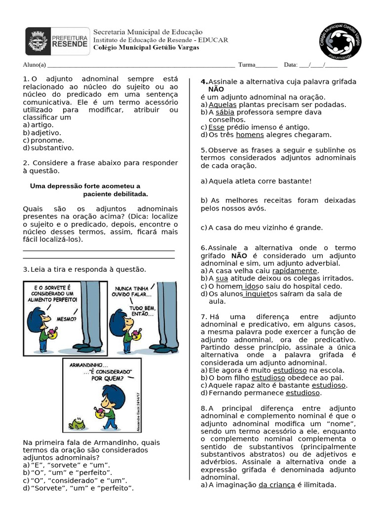 ADJUNTO ADNOMINAL - Atividades | PDF