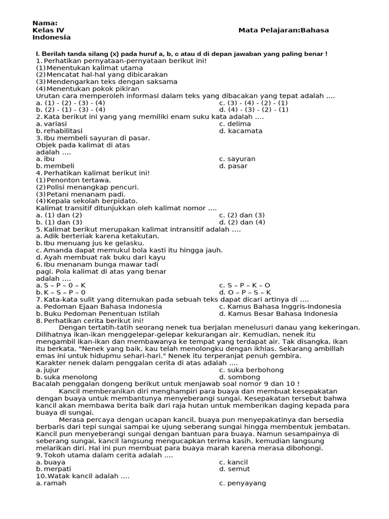 Soal PTS - STS Bahasa Indonesia Kelas 4 Semester 1 Kurikulum Merdeka T.A 2023-2024 | PDF