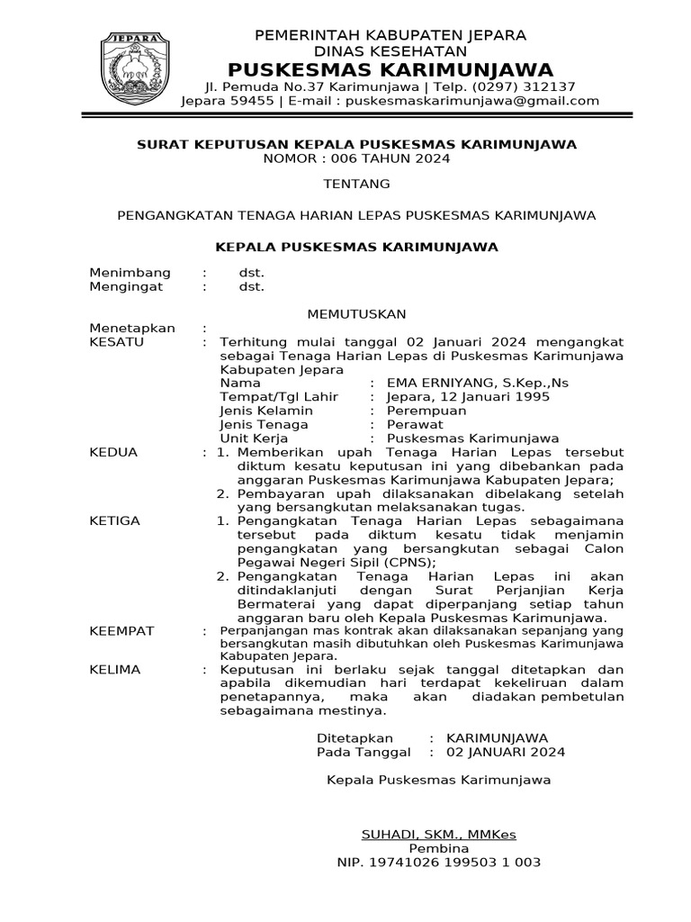 Ema Erniyang SK Kontrak Pengangkatan THL Non Asn | PDF