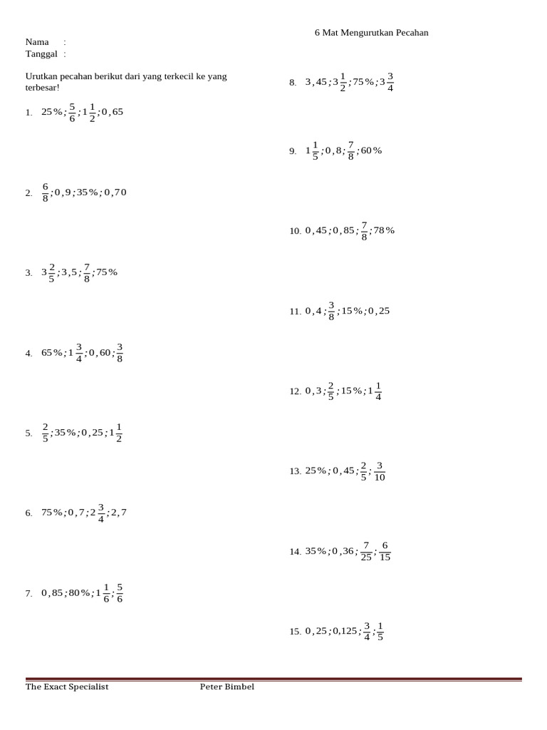 6 Mat Mengurutkan Pecahan | PDF