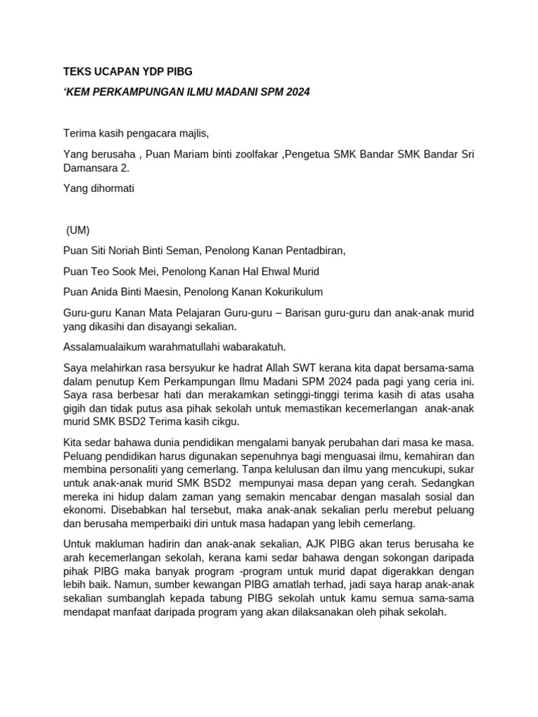 Teks Ucapan Ydp Pibg | PDF | Crecimiento personal y profesional | Ciencias sociales