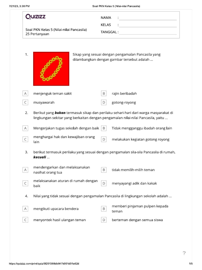 Soal PKN Kelas 5 (Nilai-nilai Pancasila) | PDF