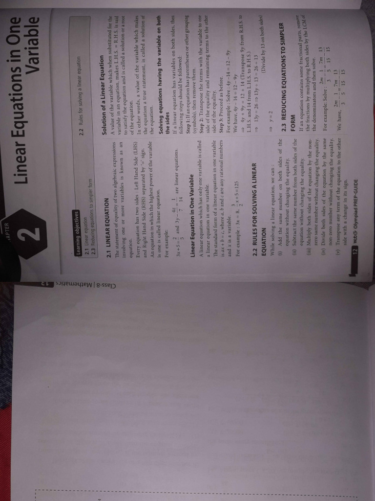 Linear Equations in One Variable Class 8th Maths SOF Guidebook | PDF