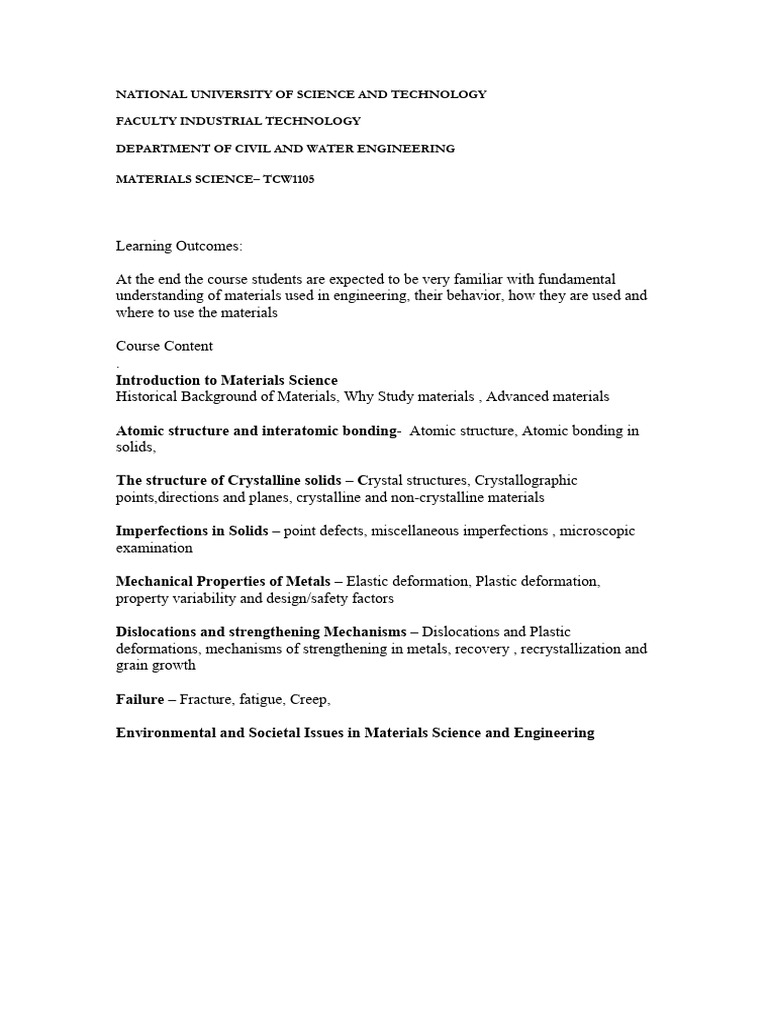 Materials Science Course Outline | PDF