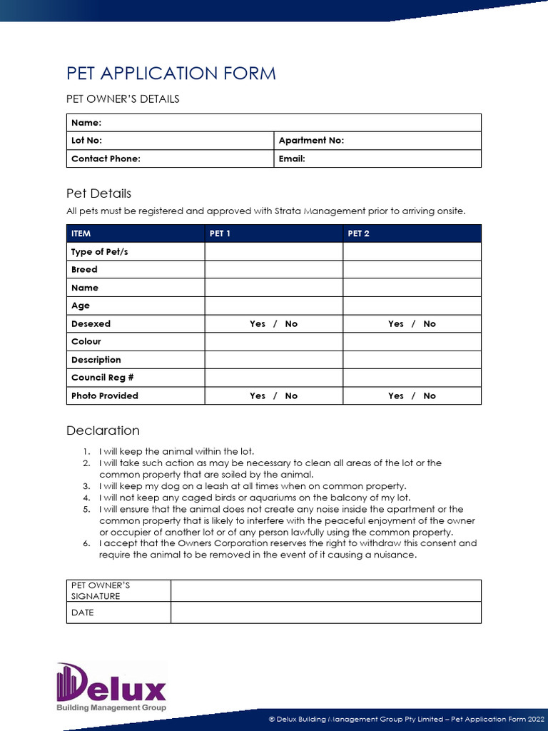 Delux - Pet Application Form | PDF
