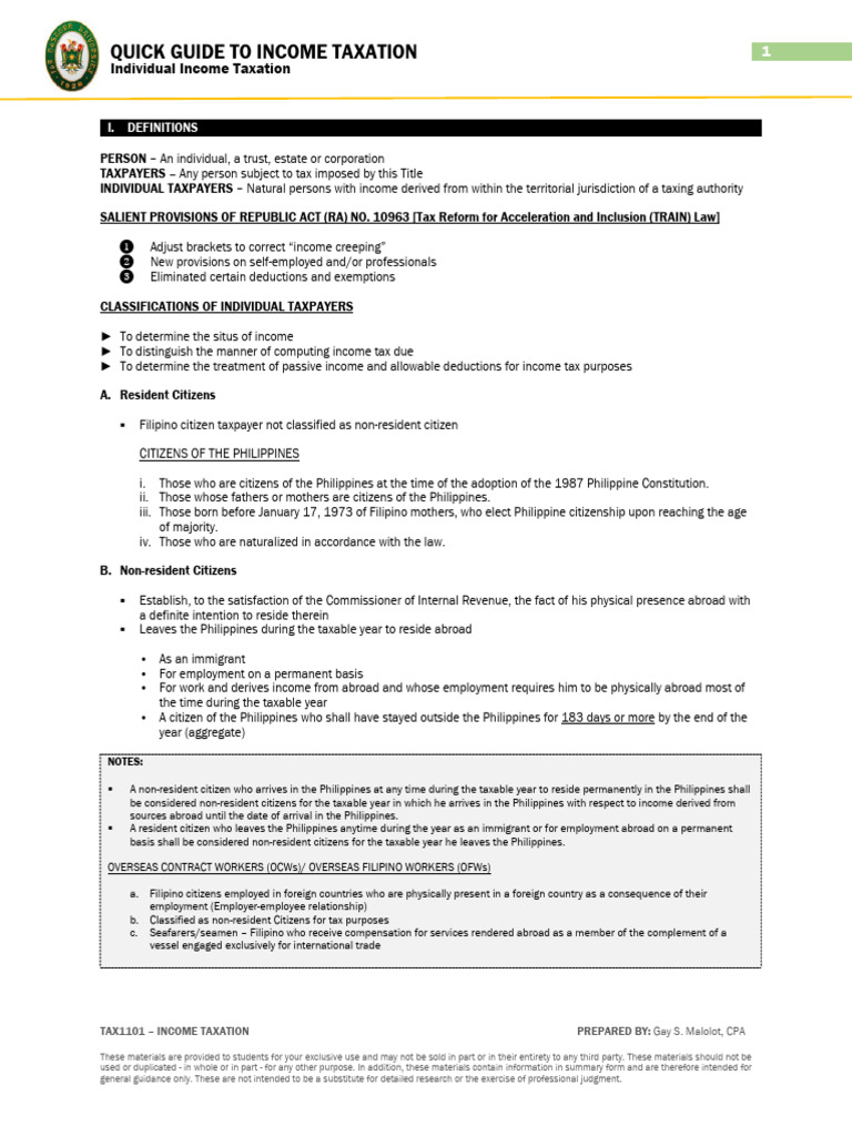 Quick Guide to Individual Income Taxation | PDF | Capital Gains Tax ...