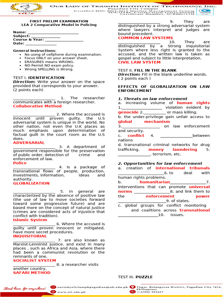 LEA 2 1st PRELIM ANSWER KEY | PDF