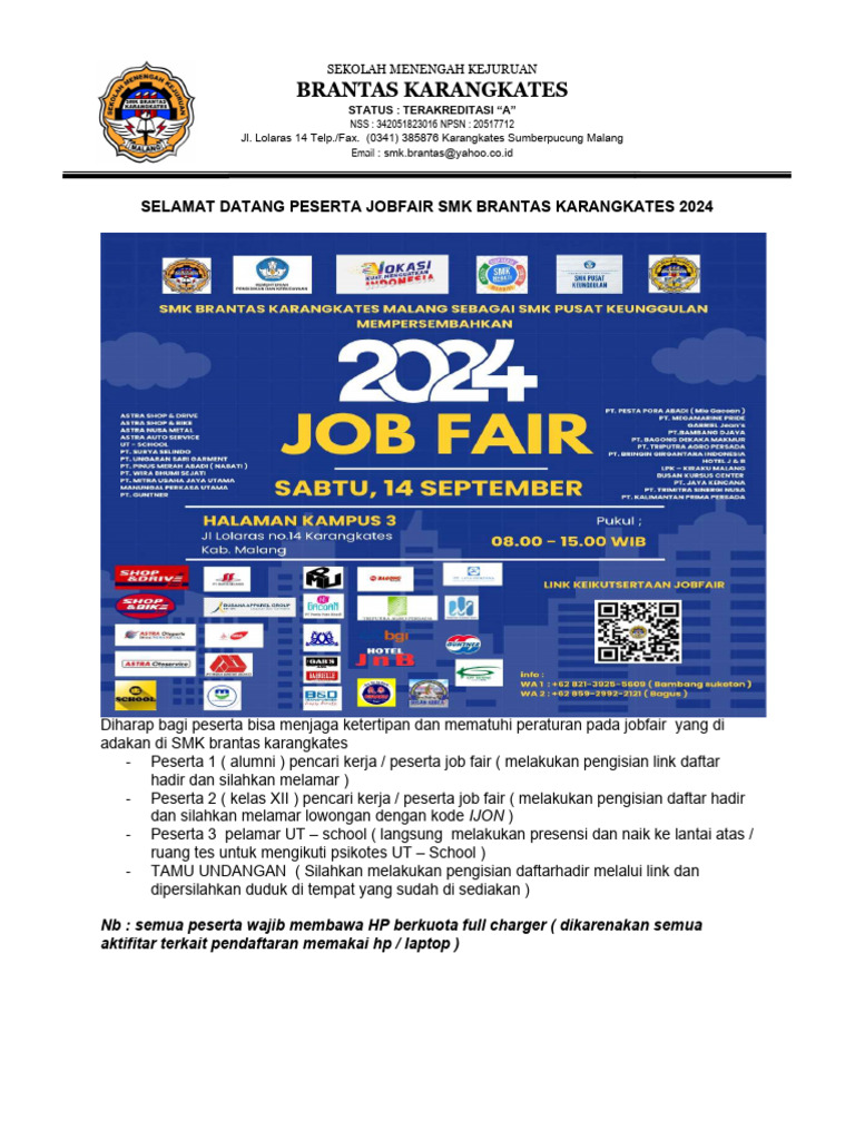 Alur Peserta & Profile Company Jobfair SMK Brantas 2024 | PDF