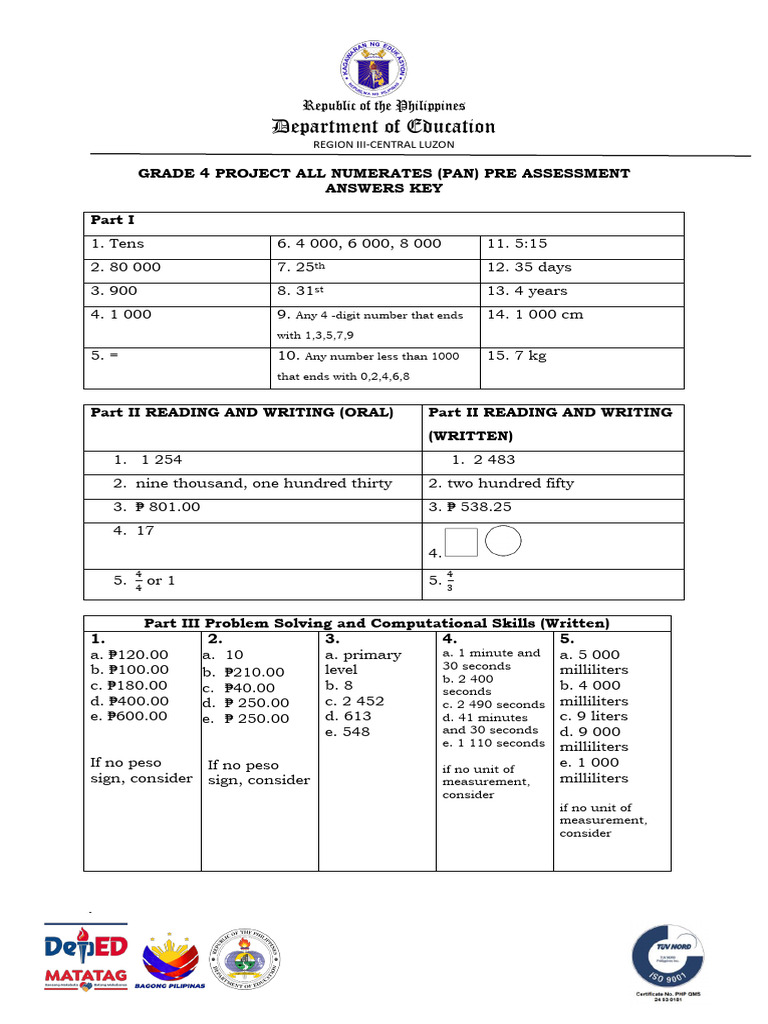 Grade 4 Key to Correction_pre Assessment | PDF